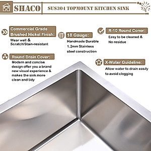 SHACO 25x22 Inch Drop In Kitchen Sink, Top Mount 16 Gauge 304 Stainless Steel 25 Inch Drop In RV Laundry Utility Sink, Brushed Nickel Single Bowl Sink Topmount Overmount Sink with Drain