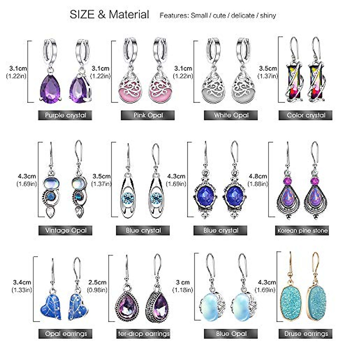 12 Pairs Teardrop Druse Crystal Drop Dangle Earrings for Women Girls Cubic Zirconia Huggie Hoop Earring Jewelry Set Christmas Gifts