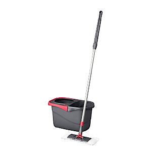 Rubbermaid Microfiber Flat Spin Mop Floor Cleaning System with Wringer Bucket, Red, Flat Floor Mop for Hardwood/Laminate/Vinyl/Tile/Stone Floors