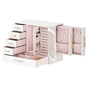 HOOBRO Jewelry Box with Glass Window, Large Capacity Jewelry Organizer, Jewelry Storage, Portable Jewelry Organizer Box, Modern Style, White and Light Gold WT05JB04