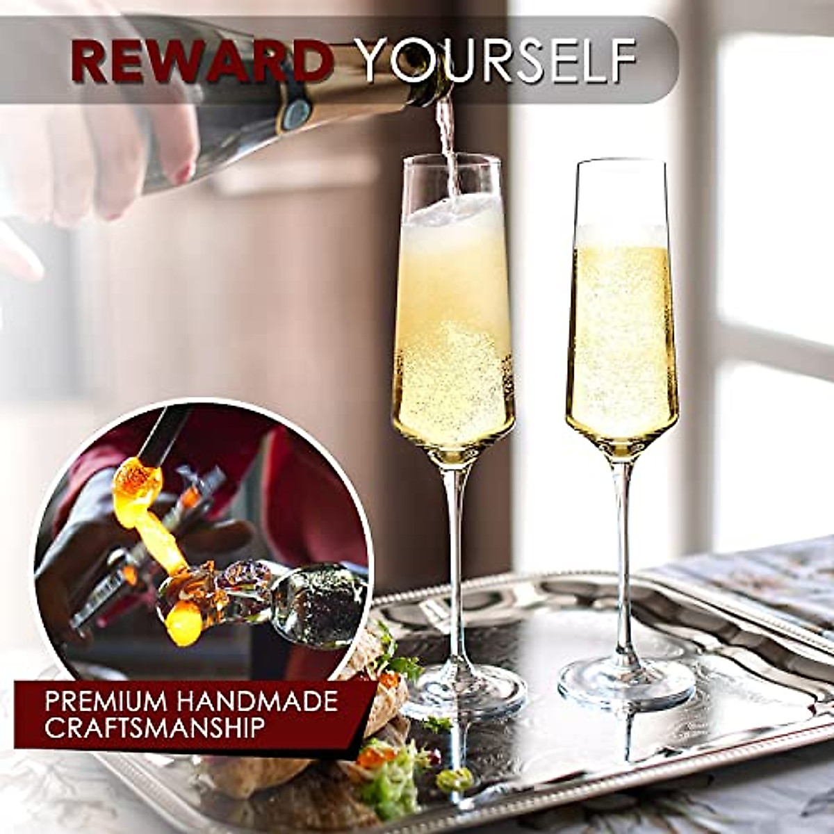 Chouggo Champagne Flutes Glass Set of 6, Hand Blown Glasses - Hand Crafted by Artisans - Premium Crystal - Gift for Birthday, Wedding, Anniversary, Christmas - 8oz, Clear