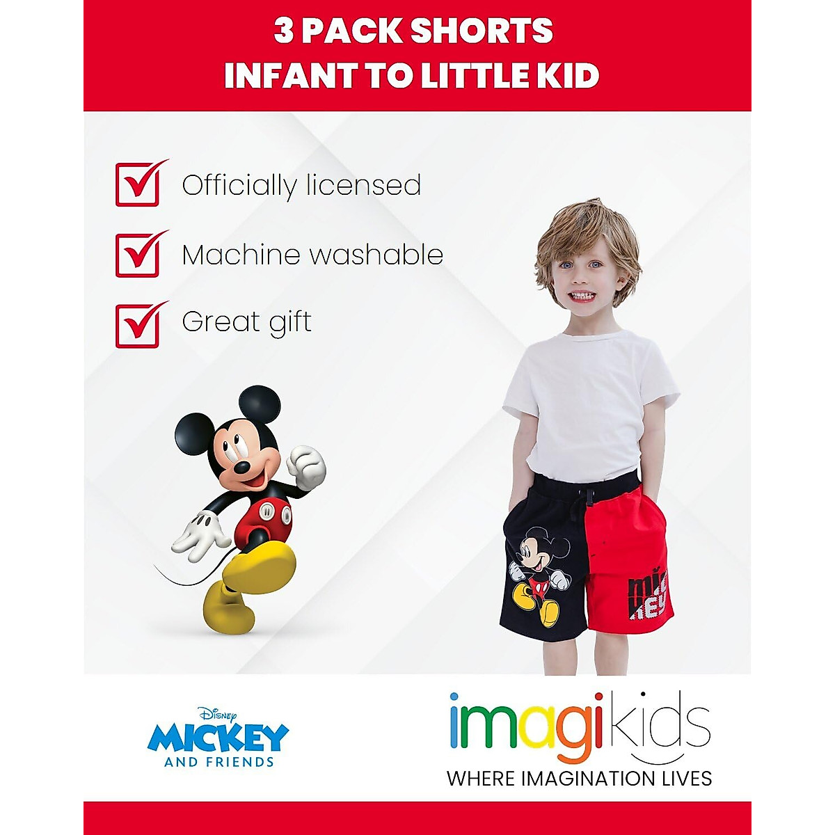 Disney Mickey Mouse Infant Baby Boys French Terry 3 Pack Shorts Grey/Black 18 Months
