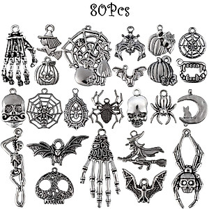Hicarer 80 Pieces Halloween Charms Pendants Antique Silver Pendants Halloween Jewelry Making Accessory for DIY Necklace Bracelet