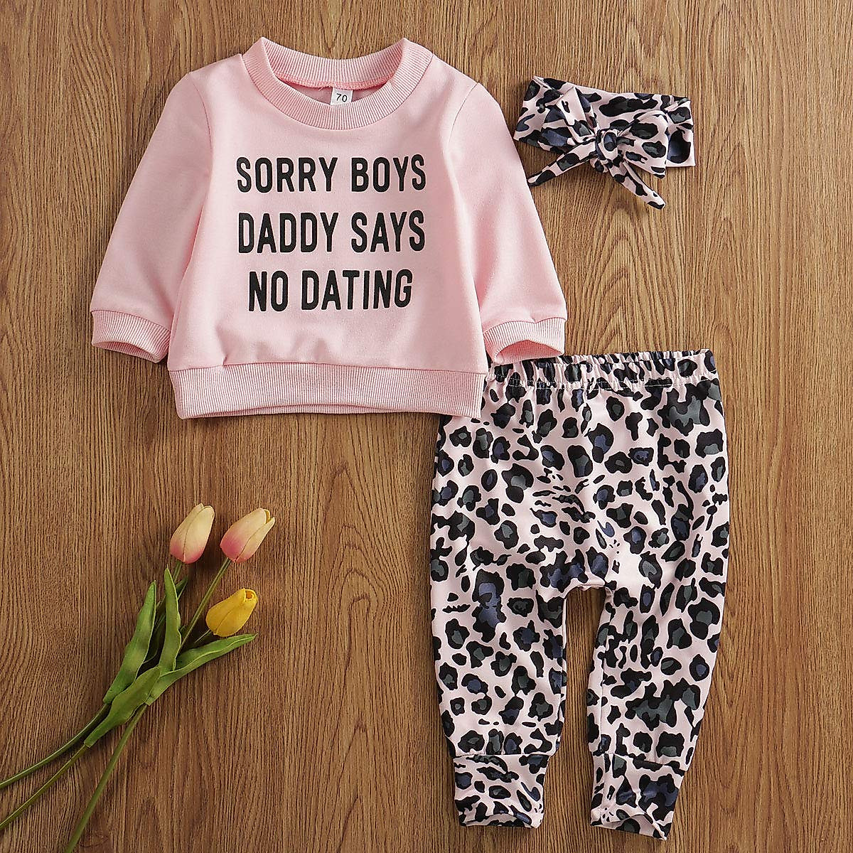 Newborn Baby Girls Clothes Daddy Saying Top Printed T-Shirt Leopard Pants+Headband Sweatshirt Outfit Set (A-Daddy Says, 0-6 Months)