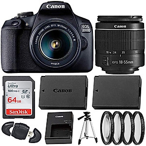 Canon EOS 2000D (Rebel T7) Digital SLR Camera with 18-55mm DC III Lens Kit (International Model) Professional Accessory Bundle Includes: SanDisk Ultra 64GB Memory Card + 50’’ Tripod + Filters and More