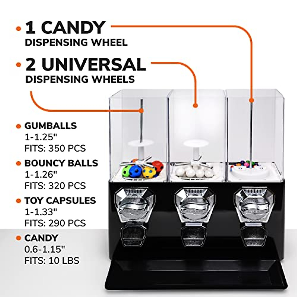 Vending Machine - Commercial Gumball and Candy Machine with Stand - Black Triple Vending Machine with Interchangeable Canisters - Coin Operated Candy Dispenser and Gumball Machine - Vending Dispenser