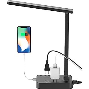 Drevet LED Desk Lamp, Desk Light with 1 USB Charging Port and 2 AC Power Outlet, 3 Lighting Modes, 3 Level Brightness,1H Timer, Touch Control, Eye-Caring Home Office Foldable Table Lamp (Black)