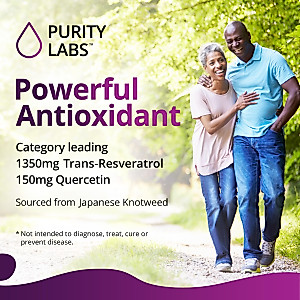 Purity Labs Pure Trans-Resveratrol Supplement + Quercetin 1500mg, Vegan Supplements for Heart, Skin Hair Nails, Anti Aging Antioxidant Supplement 90ct