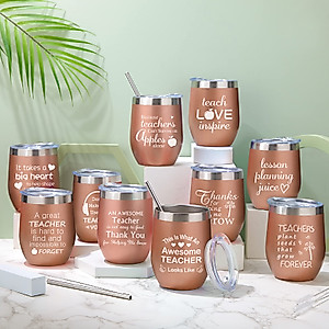 Geiserailie 10 Pcs Teacher Appreciation Gift Teacher Wine Tumbler in Bulk for Women Thank You Wine Cup with Straws Lids and Brushes Valentines Day Gift for Teacher Thank You Gift (Rose Gold, 12oz)