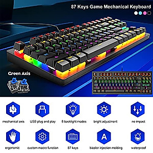 Mechanical Keyboard,Wired Rainbow LED Backlit 87 Key Waterproof Gaming Keyboard,USB Cable with Magnetic Ring PC PS4(Blue)