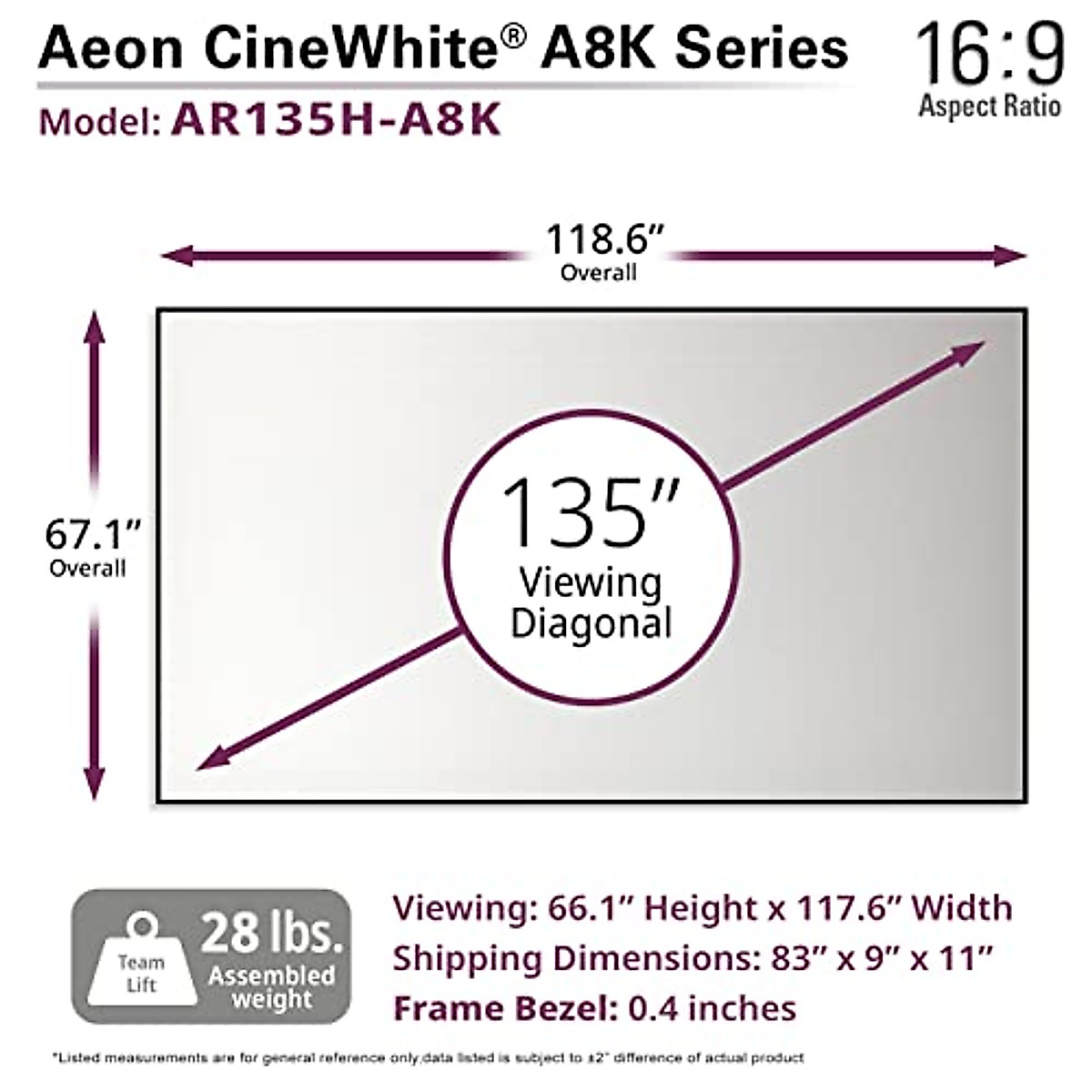 Elite Screens Aeon CineWhite A8K, 135" Diag, 16:9 Aspect Ratio, ISF Certified 8K Ultra HD Home Theater Fixed Frame Edge Free Projection Sound Transparent Perforated Weaved Screen, AR135H-A8K