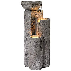 Bowl and Pillar Zen Modern Outdoor Floor Water Fountain 34 1/2" High with LED Light Cascading for Garden Patio Backyard Deck Home Lawn Porch House Relaxation Exterior Balcony - John Timberland