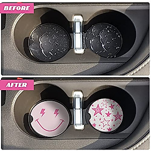 Dingion 6 Pcs Preppy Car Coasters with Finger Notch Aesthetic Cork Base Absorbent Ceramic Coasters Cute Car Drinks Coasters with Anti Slip Cork Base for Auto Accessories