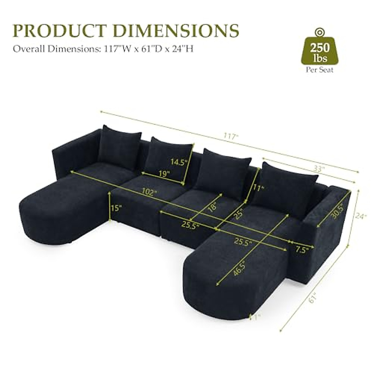 KIVENJAJA Modular Sectional Sofa, U-Shaped Couch with Double Chaise & Pillows, Modern Minimalist Boucle Fabric Large Comfy Cloud Sofas, Living Room Furniture Sets, 117 inch, Black