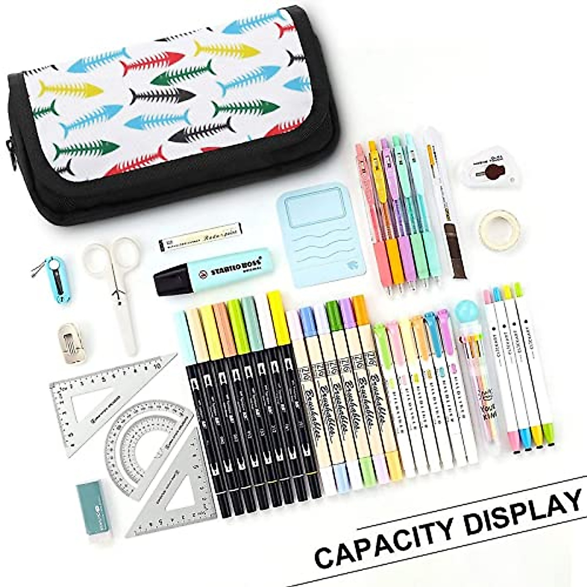 Color Fishbone Large Capacity Pencil Case Multi-Slot Pencil Bag Portable Pen Storage Pouch with Zipper