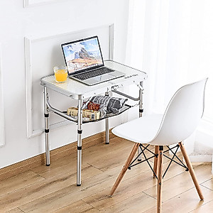 Small Folding Table 2 Foot, Portable Camping Table with Mesh Holders,Lightweight Aluminum Adjustable Height, with Carry Handle for Camping Picnic Indoor Outdoor, White 24 x 16 inch (3 Heights）