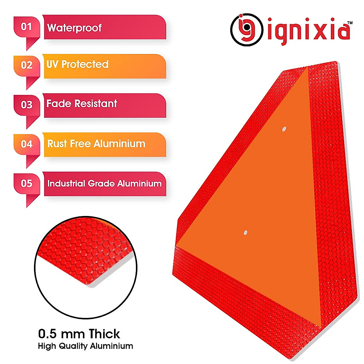 Ignixia Slow Moving Vehicle Sign, Rust free Aluminium Slow Moving Vehicle Triangle signs, 14”x 16” Inches Orange base with Reflective border, SMV Sign for Golf Cart, UTV, safety signs