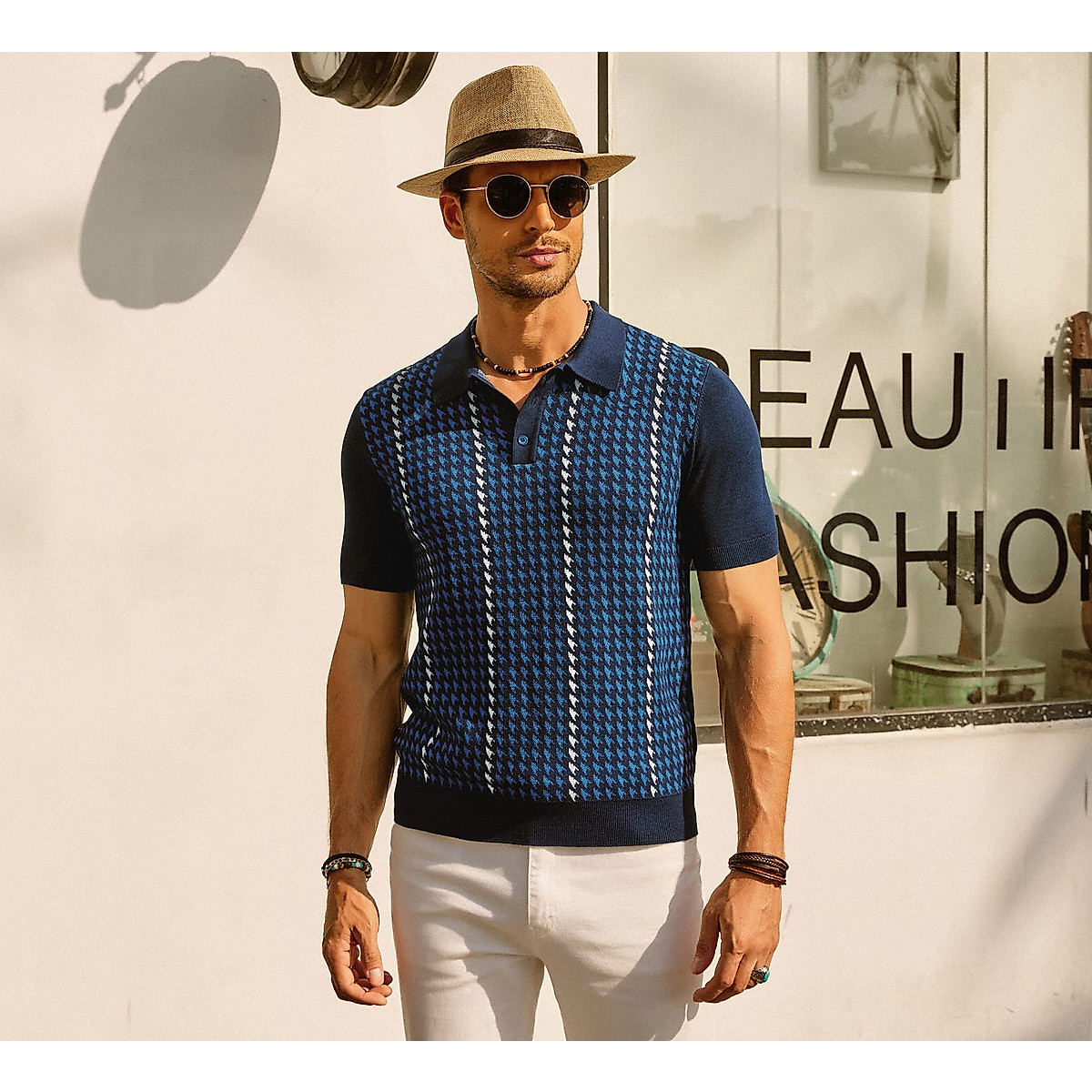 PJ PAUL JONES Men's Knitted Muscle Bowling T Shirts Stretch Short Sleeve Workout Tee Casual Slim Fit Polo Shirt Navy Blue 2XL