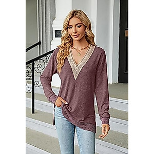 Keificle Women's V-Neck Pullover Color Blocking Long Sleeves Side Split Fall Tunic Tops (Large, 02_Purplish red)