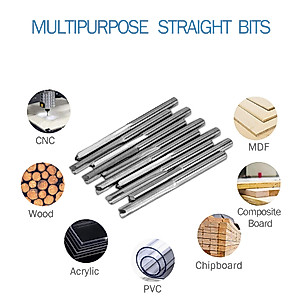HQMaster CNC Router Bits 1/8 Router Bit Straight Router Bit 1 8 Shank Straight Flute End Mill Cutter 2-Flute Milling Cutting Tungsten Steel 22mm CEL/45mm OAL for MDF PVC Acrylic Chipboard Wood 10 Pack