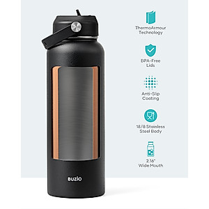 BUZIO Double Wall Stainless Steel Sports Wide Mouth Water Bottle, BPA-Free Flex Cap and Straw Lid, 40 Ounces & 32 Ounces Water Bottle