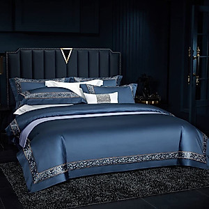 TBGFPO Cotton Bedding Set Blue Embroidery Duvet Cover Set 4 Pieces Silk Soft Sheet Pillowcase (Color : D, Size : 1.8 * 2.0m)