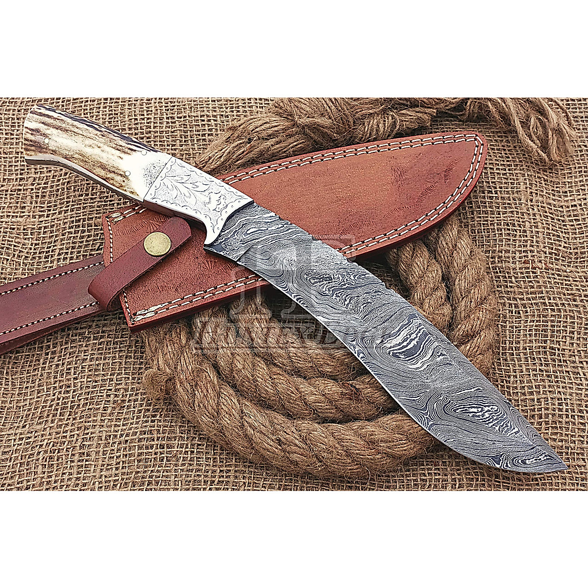 HUNTEX Handmade Hand-Forged Twist Pattern Damascus Steel 14 Inch Long Full Tang Deer Antler Handle Razor Sharp Hunting Camping Bowie Knife w/Genuine Leather Sheath