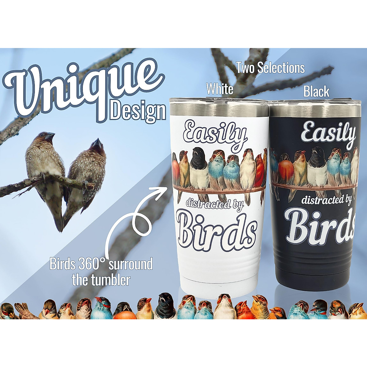 Onebttl Bird Watching Tumbler for Lovers & Watchers, 20oz Stainless Steel Insulated With Lid & Straw, Gift Card & Box Included, Birthday Gift - 360 White