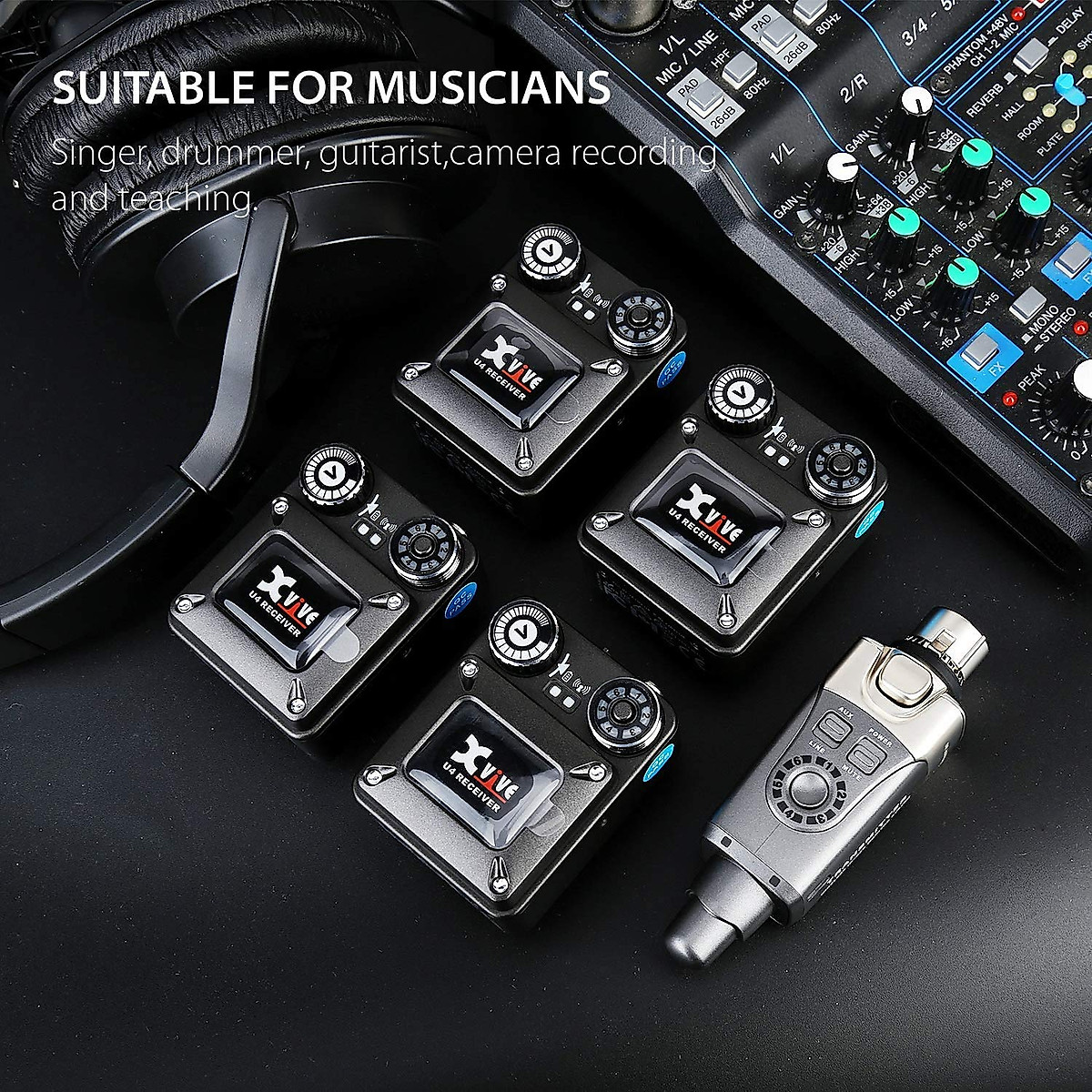 Xvive U4R4 Wireless in-Ear Monitor System 1 Transmitter and 4 Beltpack Receiver Personal IEM for Studio, Band Rehearsal,Live Performance,Camera Record