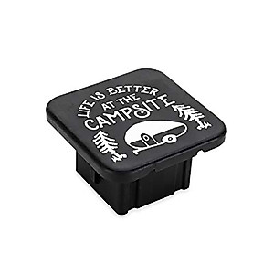 Camco Life is Better at The Campsite Hitch Receiver Cover | Protects Your Trailer Hitch Receiver from Debris, Dirt, Water and Rust | Life is Better at The Campsite Sketch Logo, Black/Silver (53410)