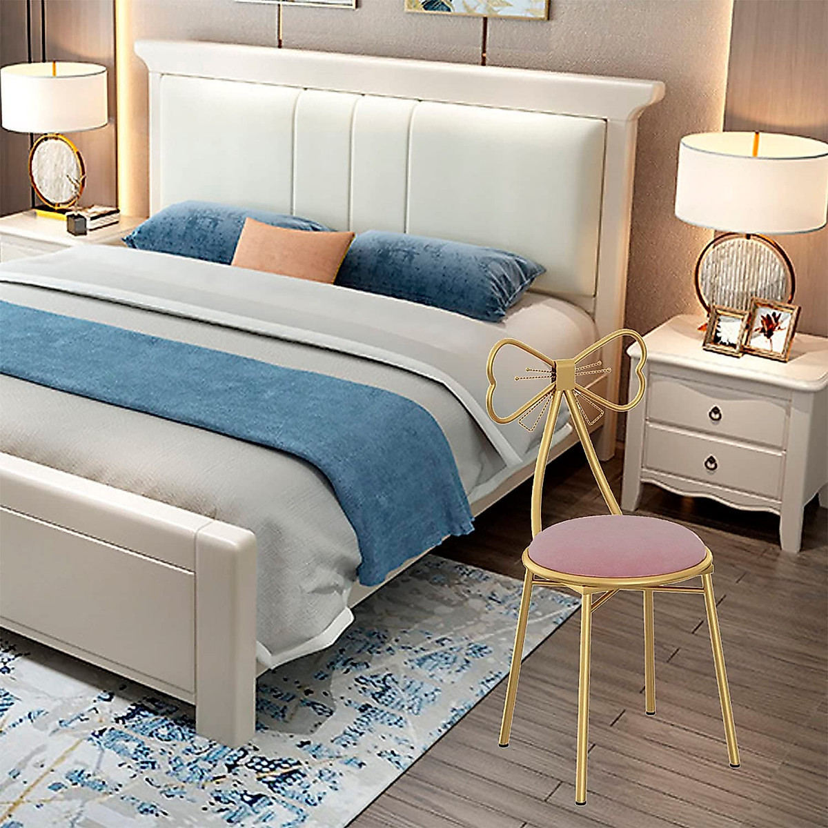 DUANY STORE Makeup Vanity Girl Chairs Stool for Bedroom with Bow Knot Backrest,Side Table Seat Dressing Chair with Golden Metal Leg,Velvet Cushion for Girl Daughter Room