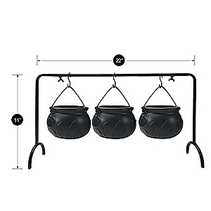Halloween Decor - Halloween Party Decorations - Set of 3 Witches Cauldron Serving Bowls on Rack - Black Plastic Hocus Pocus Candy Bucket Cauldron for Indoor Outdoor Home Kitchen Decoration