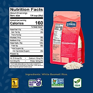Lundberg Basmati Rice, Long Grain White Rice - Non-Sticky, Fluffy, Nutty, Aromatic Rice, Vegan Food, Healthy Meals, Gluten-Free Rice Grown in California, 32 Oz