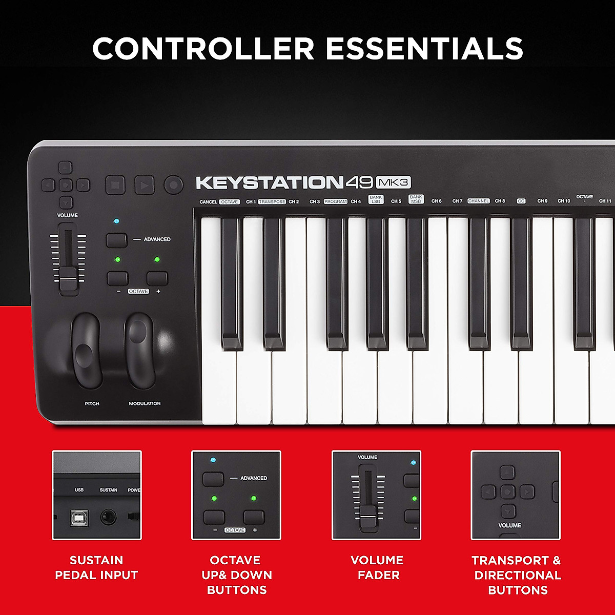 Keystation 49 MIDI Keyboard controller Beat Maker Bundle with 49 Keys and Sustain Pedal, Plus Software Suite