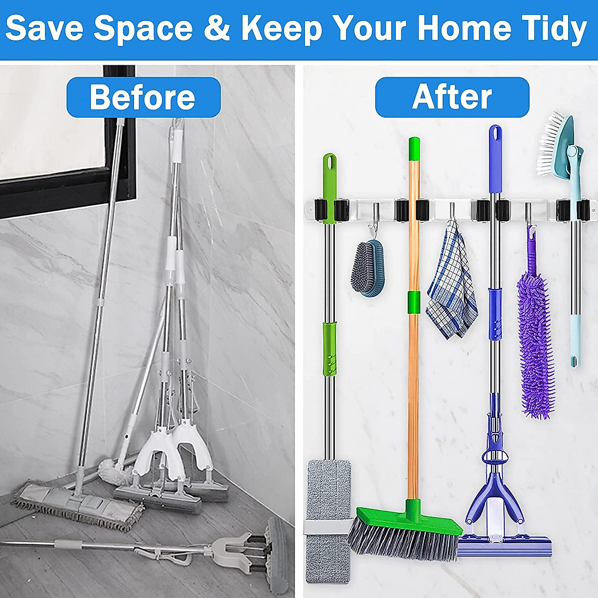 YUBYFA 2 Pack Mop Broom Holder Wall Mount self adhesive, Heavy Duty Stainless Steel with 4 Racks with 3 Hooks,14.7" L x 1.5" H,making Tools Organized and Within Reach(Black)