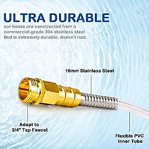 FANGFARM 304 Stainless Steel Metal Garden Hose with Brass Fittings, Shut Off Valve, Water Stop, Heavy Duty Water Hose, Kink Free and Flexible, Crush Resistant, Puncture Resistant(3FT)