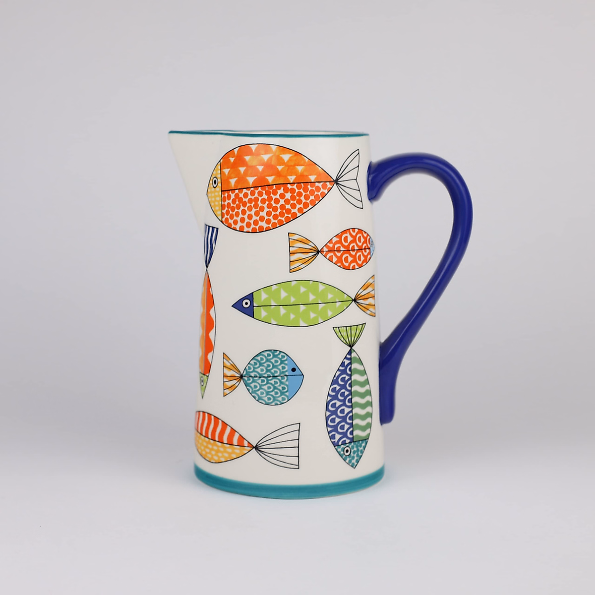 Euro Ceramica FreshCatch Collection 2.5LT Pitcher - Indoor/Outdoor Use - Colorful Cute Fish Pattern on White,Standard,FRC-86-3910