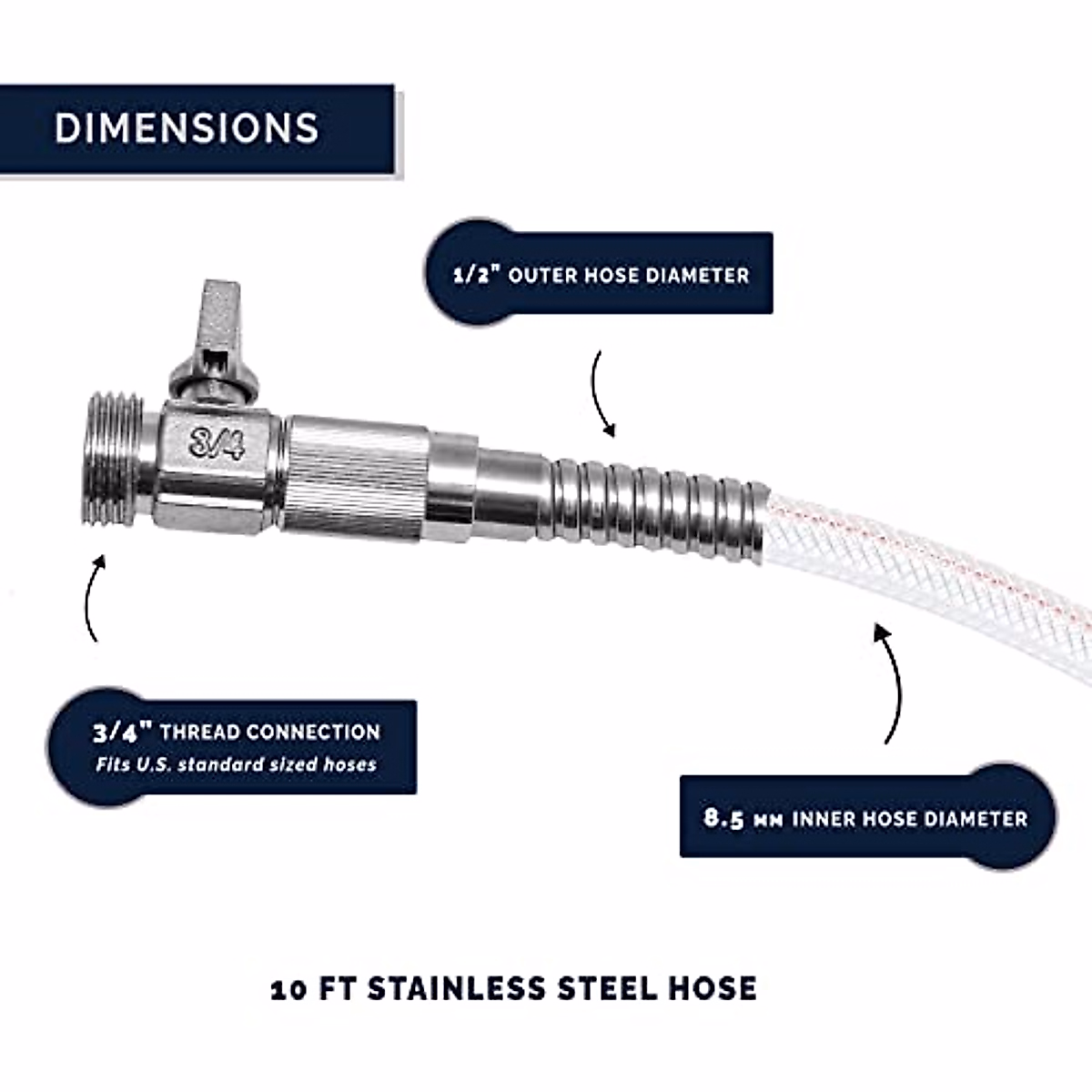 Morvat Heavy Duty 10 Foot Stainless Steel Garden Hose with All Brass Shut-Off Valve, Kink and Tangle Free, Crush and Puncture Resistant, Includes Roll of Teflon Tape and Extra Washers