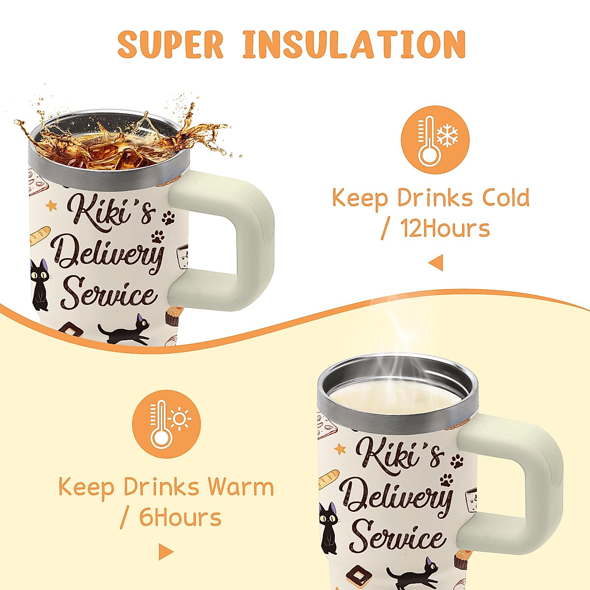 Anime Gifts for Girls, Kiki's Cats Tumbler with Handle and Straw for Kids 14oz, Insulated Stainless Steel Cats Mug, Anime Cat Gifts for Cat Lovers, Kiki's Delivery Service, Bakery