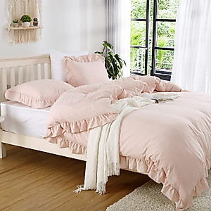 Pink Ruffled Duvet Cover Twin, 2PCS Soft Washed Microfiber Vintage French Country Duvet Cover Set for Kids Girls, Pink, 68x90 in