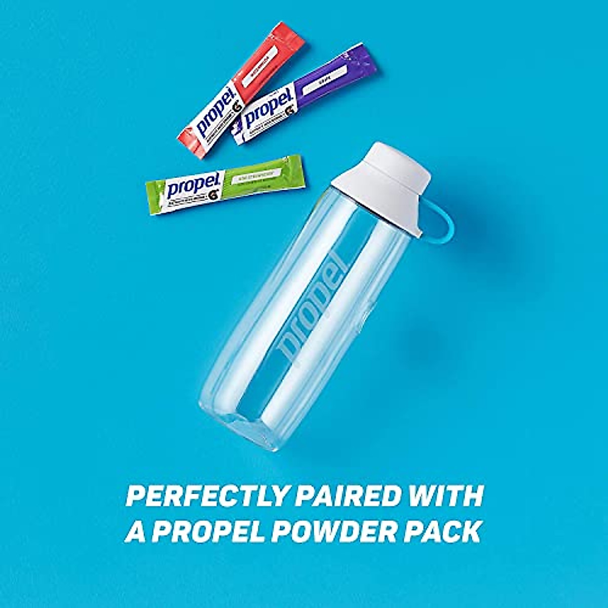 Propel 20oz Reusable Bottle, BPA Free, Impact Resistant, On-The-Go Strap, Dishwasher Safe, White + Propel Powder Packets Four-Flavor Variety Pack With Electrolytes, Vitamins and No Sugar (50 count)