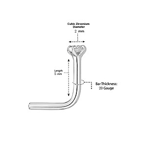 Lavari Jewelers 20 Gauge L-Shape Nose Stud Ring for Women in 14k White Gold with 2 mm Cubic Zirconia