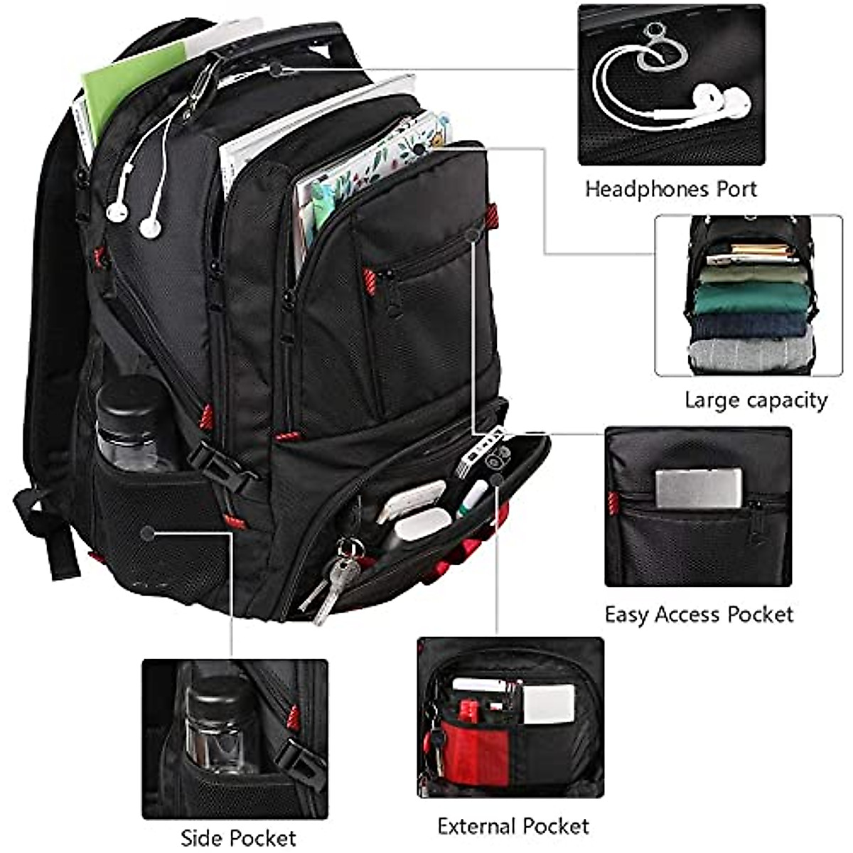YOREPEK Laptop Backpack for Men, Large 17 Inch Durable Travel Backpack Water Resistant, Airline Approved Computer Bag with USB Charging Port, Anti Theft Bookbag For College School Business Work, Black