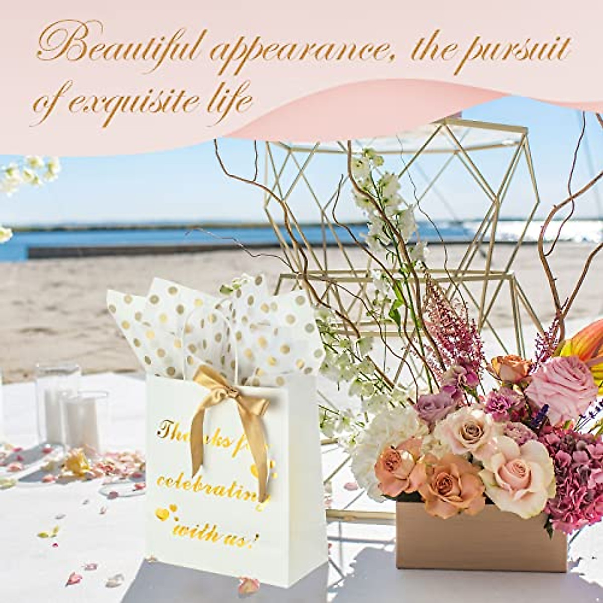 50 Pcs Wedding Gift Bags Bridal Welcome Bags with Ribbons Tissue Paper Wedding Favor Gold Foil Bags Thank You Gift Bags with Handles for Guest Birthday Party Baby Shower, 8 x 4.5 x 10 Inch (White)