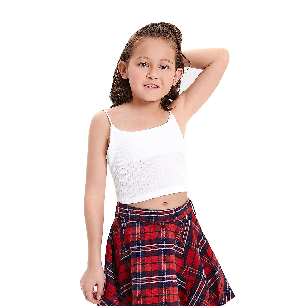 WDIRARA Girl's 2 Pack Basic Rib Knit Crop Cami Top Sleeveless Casual Top Black and White 10Y