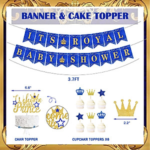 122 PCs Royal Prince Baby Shower Decorations for Boy, Fiesec A Little Prince Is On The Way Its Royal Baby Shower Backdrop Balloon Garland Banner Cake Cupcake Topper Crown Star Blue White Gold