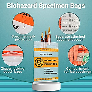 APQ Biohazard Specimen Bags 6 x 9, Orange and Black 3-Wall Biohazard Bags 100 Pack, Clear 2 Mil Bio Hazard Bags, Waterproof Plastic Zipper Bags with “Pull Apart to Tear” Line and Document Pouch