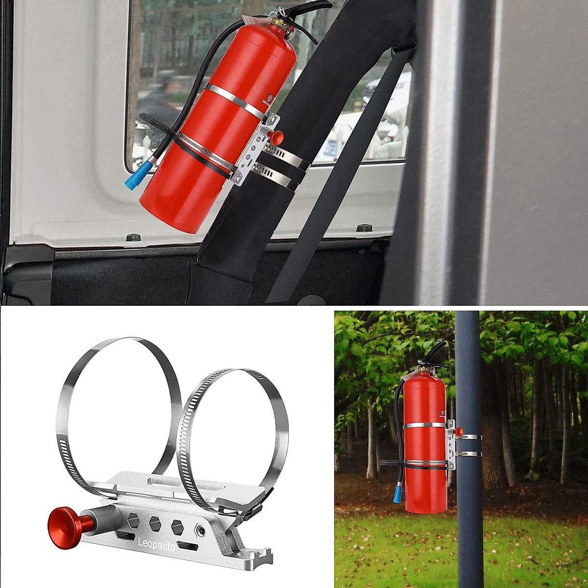 Leopauto Vehicle Fire Extinguisher Mount Bracket, Aluminum Adjustable Quick Release Roll Bar Fire Extinguisher Bottle Mount with 8 Clamps, Compatible with Jeep Wrangler JK TJ Rubicon UTV, Silver