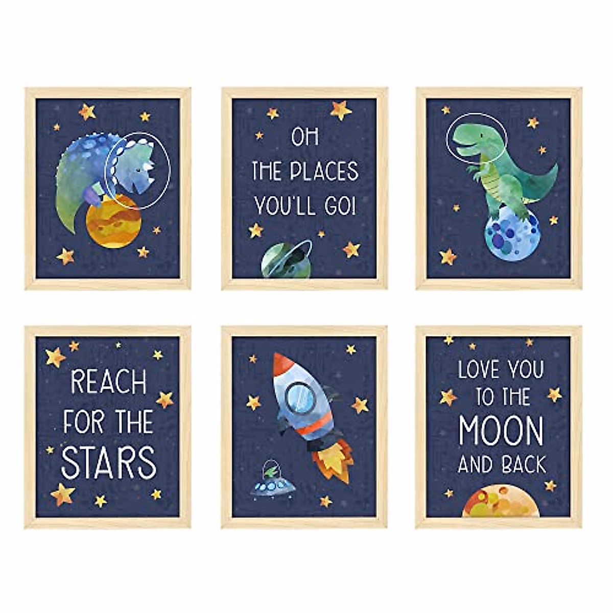 ArtbyHannah 6 Pack 8x10 Inch Framed Nursery Wall Art Decor with Wood Frame and Moon Animals & Letter Prints for Playroom, Kids Children Room Bedroom Decoration