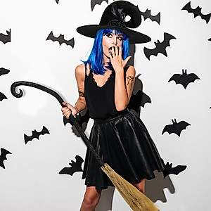 Hercicy 2 Pack Halloween Witch Broom Hat Set Witch Cosplay Black Witch Hat with Flower Feather and Broom Costume Witch Costume Accessories Witch Hat Broom Props for Halloween Costume Party Supplies